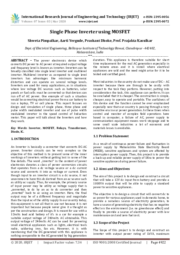 Pdf Irjet Single Phase Inverter Using Mosfet