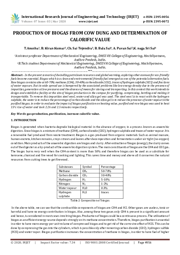 (PDF) IRJET- PRODUCTION OF BIOGAS FROM COW DUNG AND DETERMINATION OF ...