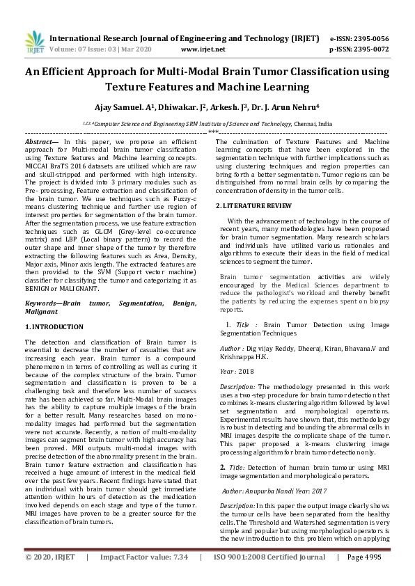 Pdf Irjet An Efficient Approach For Multi Modal Brain Tumor Classification Using Texture