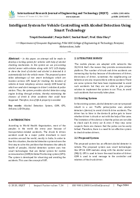 (PDF) IRJET- Intelligent System for Vehicle Controlling with Alcohol ...