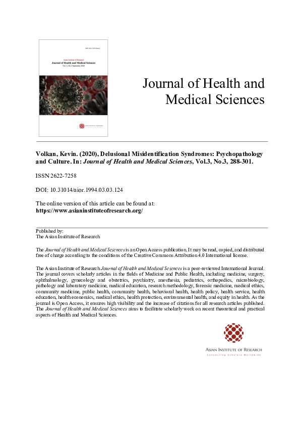 (PDF) Delusional Misidentification Syndromes: Psychopathology and Culture