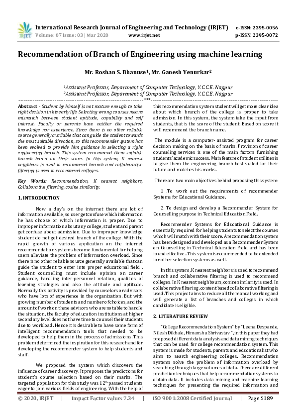 (PDF) IRJET- Recommendation of Branch of Engineering using machine learning