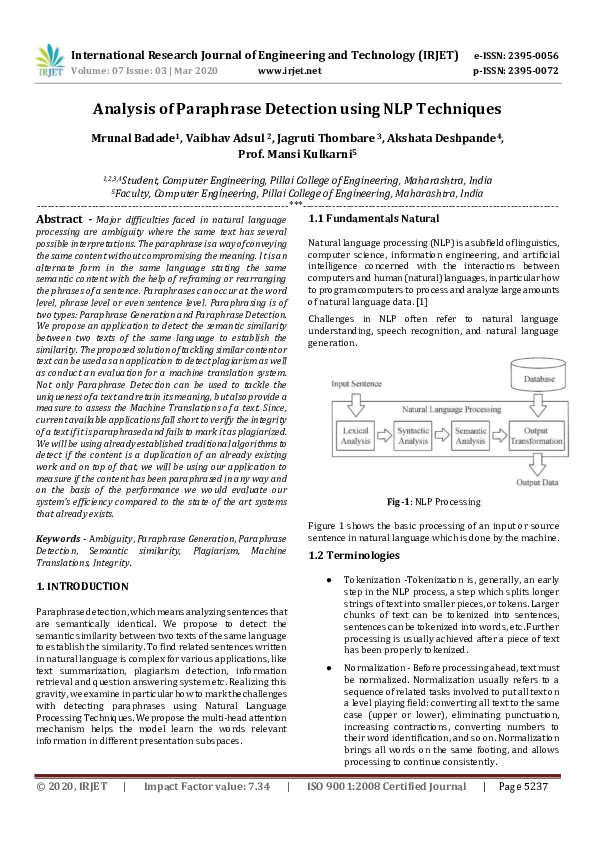 Pdf Irjet Analysis Of Paraphrase Detection Using Nlp Techniques