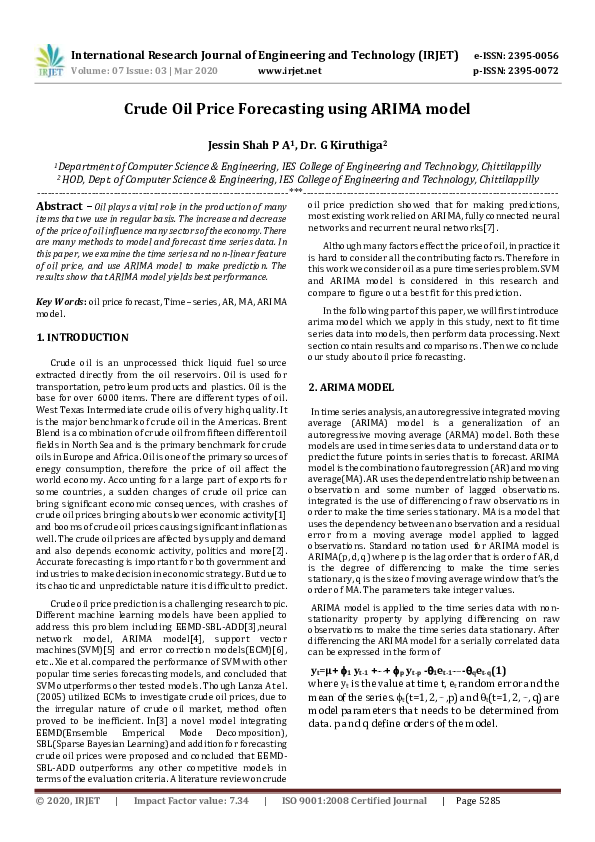 (PDF) IRJET- Crude Oil Price Forecasting using ARIMA model
