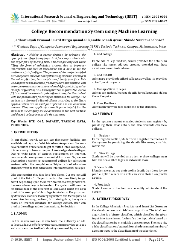(PDF) IRJET- College Recommendation System using Machine Learning
