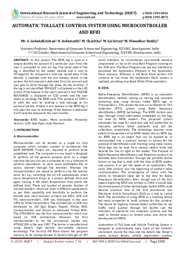 (PDF) IRJET- AUTOMATIC TOLLGATE CONTROL SYSTEM USING MICROCONTROLLER ...