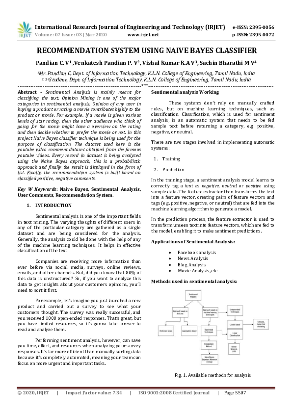 (PDF) IRJET- RECOMMENDATION SYSTEM USING NAIVE BAYES CLASSIFIER