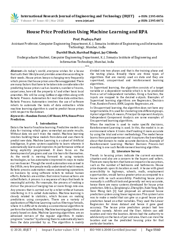 (PDF) IRJET- House Price Prediction Using Machine Learning and RPA
