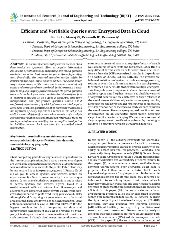 Pdf Irjet Efficient And Verifiable Queries Over Encrypted Data In Cloud Irjet Journal