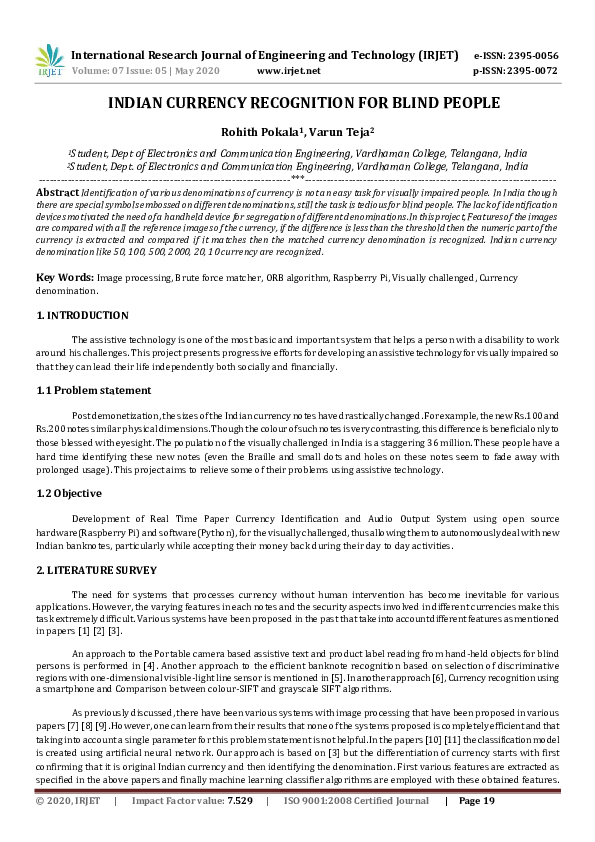 Pdf Irjet Indian Currency Recognition For Blind People