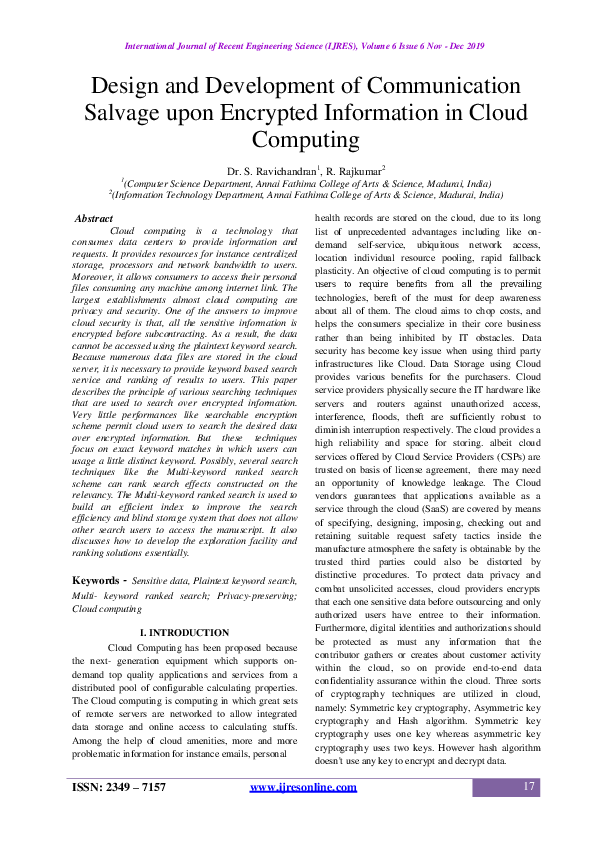 (PDF) Design and Development of Communication Salvage upon Encrypted Information in Cloud ...
