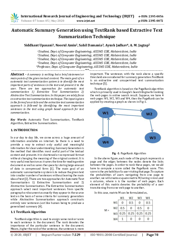 (PDF) IRJET- Automatic Summary Generation using TextRank based ... (PDF) IRJET- Automatic Summary Generation using TextRank based ...