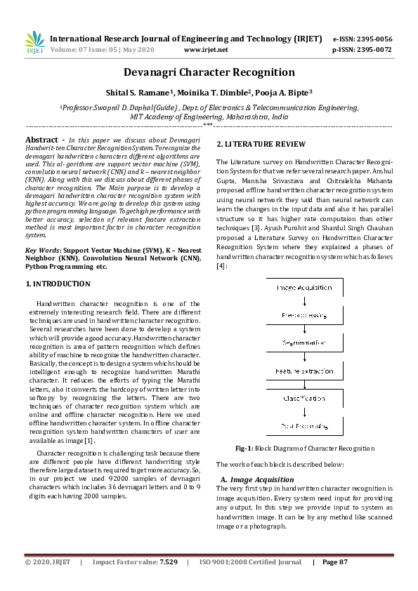 Pdf Irjet Devanagri Character Recognition