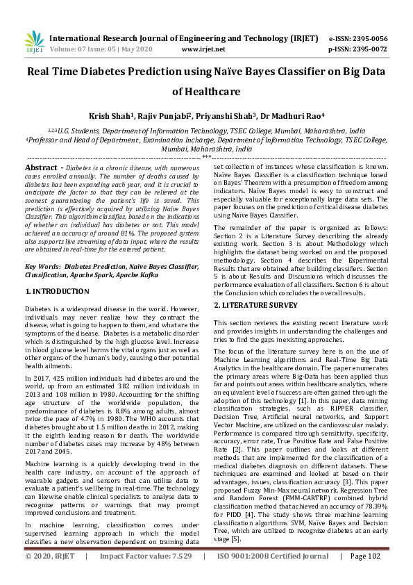 Pdf Irjet Real Time Diabetes Prediction Using Naïve Bayes Classifier On Big Data Of Healthcare