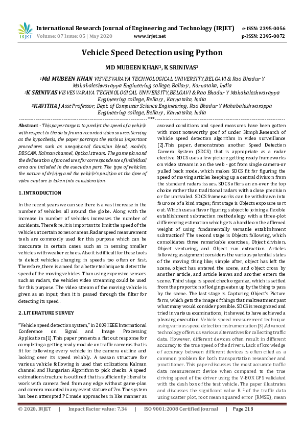 (PDF) IRJET- Vehicle Speed Detection using Python
