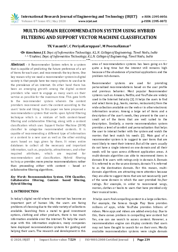 (PDF) MULTI-DOMAIN RECOMMENDATION SYSTEM USING HYBRID FILTERING AND ...