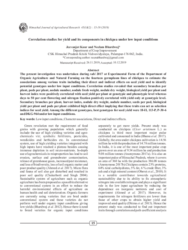 (PDF) Correlation studies for yield and its components in chickpea under low input conditions ...