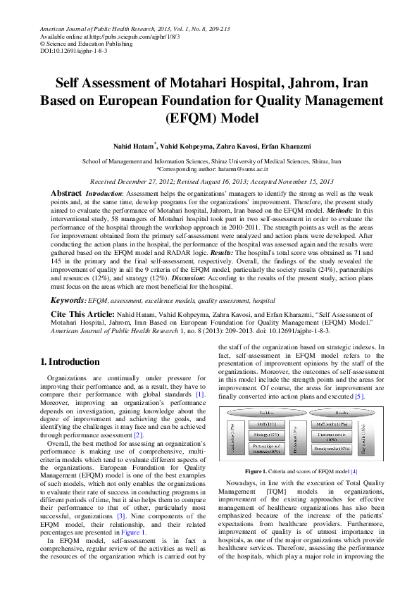 (PDF) Self Assessment of Motahari Hospital, Jahrom, Iran Based on ...