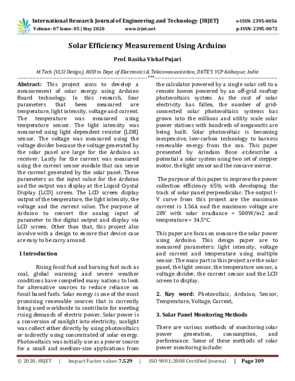 (PDF) IRJET- Solar Efficiency Measurement Using Arduino