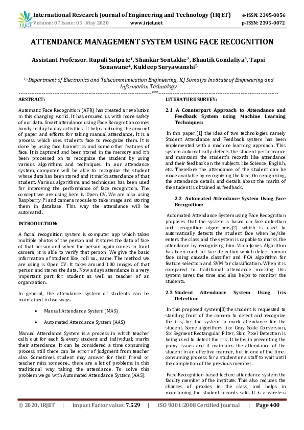 (PDF) IRJET- ATTENDANCE MANAGEMENT SYSTEM USING FACE RECOGNITION
