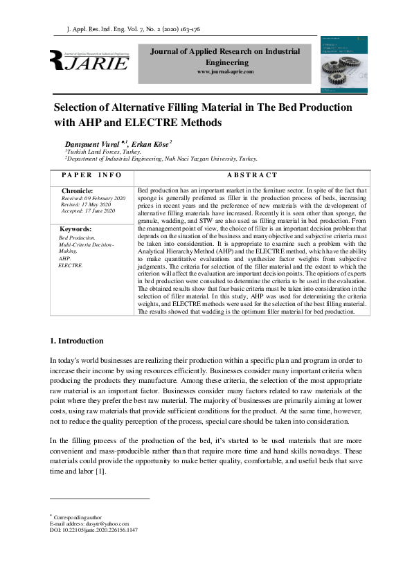 (PDF) Selection of Alternative Filling Material in The Bed Production with AHP and ELECTRE Methods