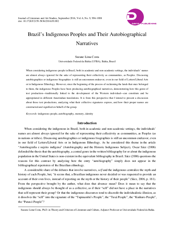 (PDF) Brazil's Indigenous Peoples and Their Autobiographical Narratives