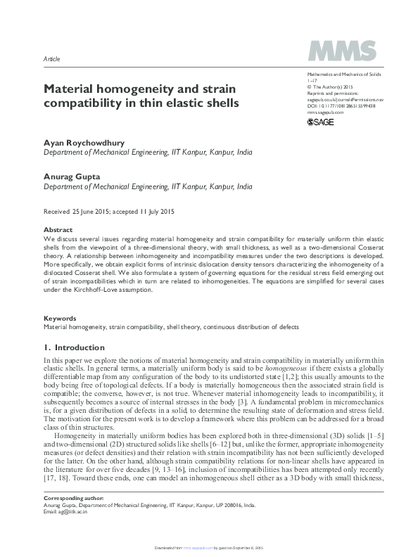 (PDF) Material homogeneity and strain compatibility in thin elastic shells