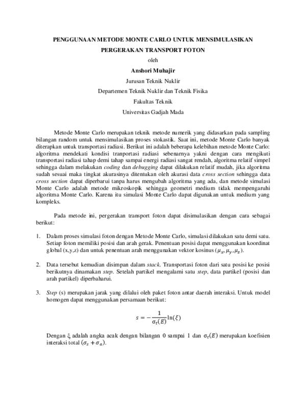 (PDF) PENGGUNAAN METODE MONTE CARLO UNTUK MENSIMULASIKAN PERGERAKAN TRANSPORT FOTON