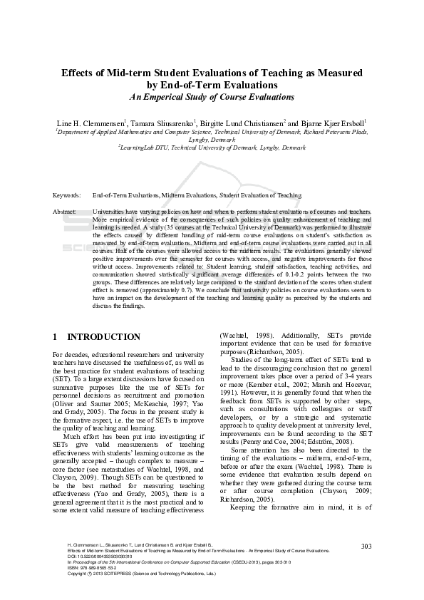 (PDF) Effects of mid-term student evaluations of teaching as measured by end-of-term evaluations