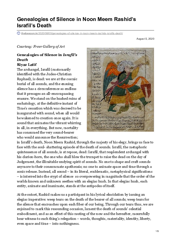 (PDF) Genealogies of Silence in Noon Meem Rashid's "Israfil's Death."