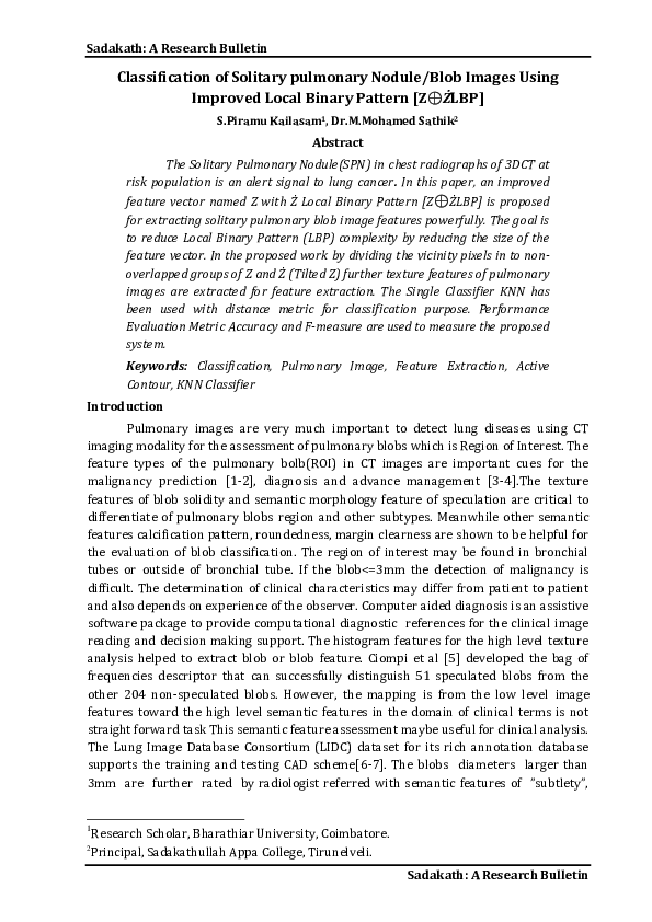 (PDF) Classification of Solitary pulmonary Nodule/Blob Images Using ...