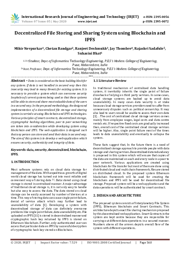 (PDF) IRJET- Decentralized File Storing and Sharing System using Blockchain and IPFS