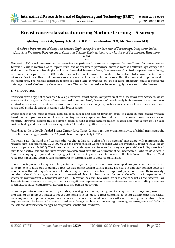 (PDF) IRJET- Breast cancer classification using Machine learning -A survey
