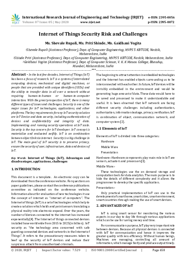Pdf Irjet Internet Of Things Security Risk And Challenges