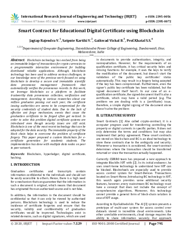 (PDF) Smart Contract for Educational Digital Certificate using Blockchain