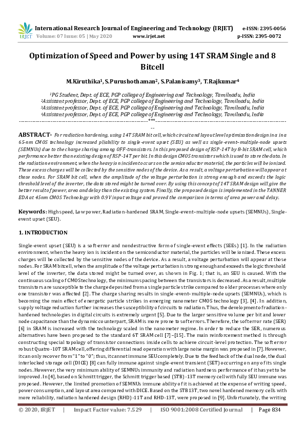 (PDF) IRJET- Optimization of Speed and Power by using 14T SRAM Single ...