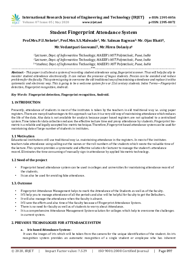 (PDF) IRJET- Student Fingerprint Attendance System