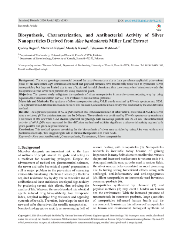 (PDF) Biosynthesis, Characterization, and Antibacterial Activity of Silver Nanoparticles Derived ...