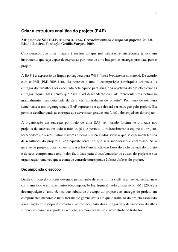 (PDF) Criar a estrutura analítica do projeto (EAP