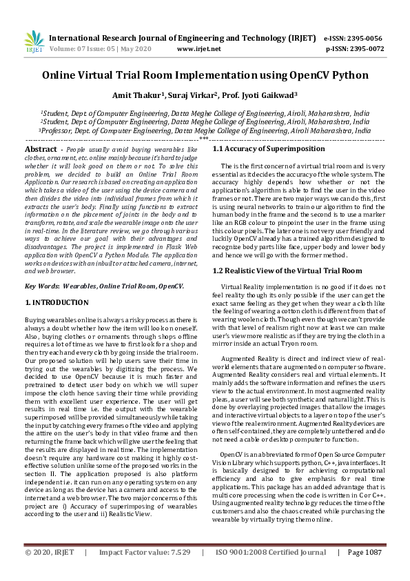 (PDF) IRJET- Online Virtual Trial Room Implementation using OpenCV Python