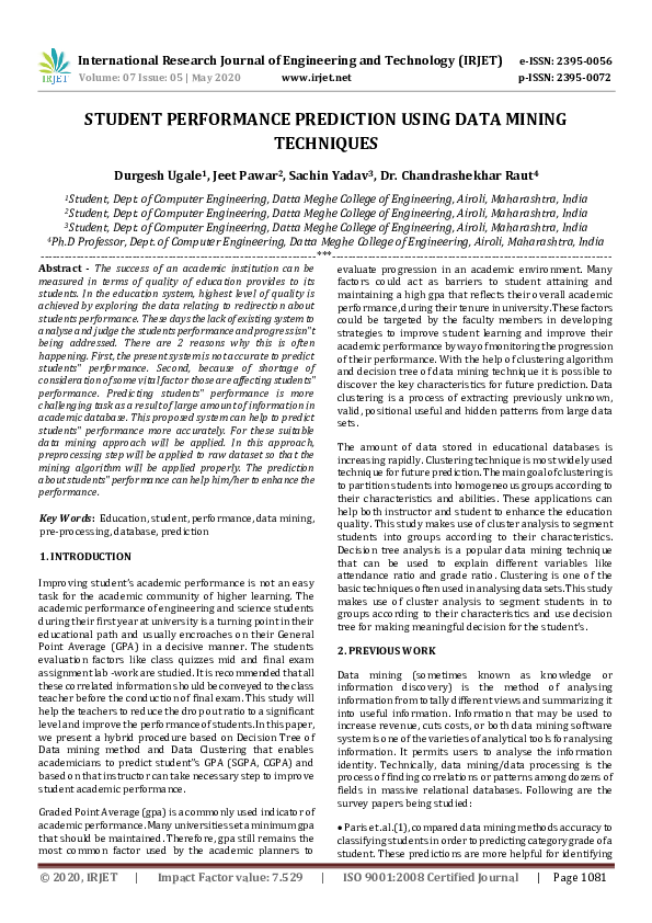 (PDF) IRJET- STUDENT PERFORMANCE PREDICTION USING DATA MINING TECHNIQUES