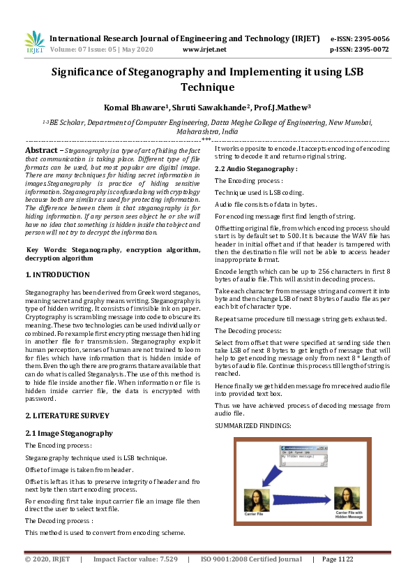 (PDF) IRJET- Significance of Steganography and Implementing it using LSB Technique