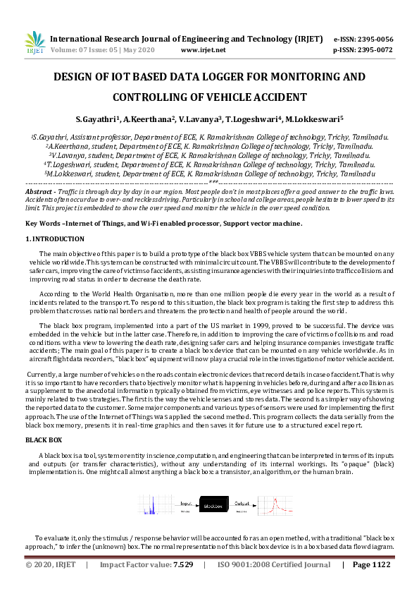 Pdf Irjet Design Of Iot Based Data Logger For Monitoring And Controlling Of Vehicle Accident
