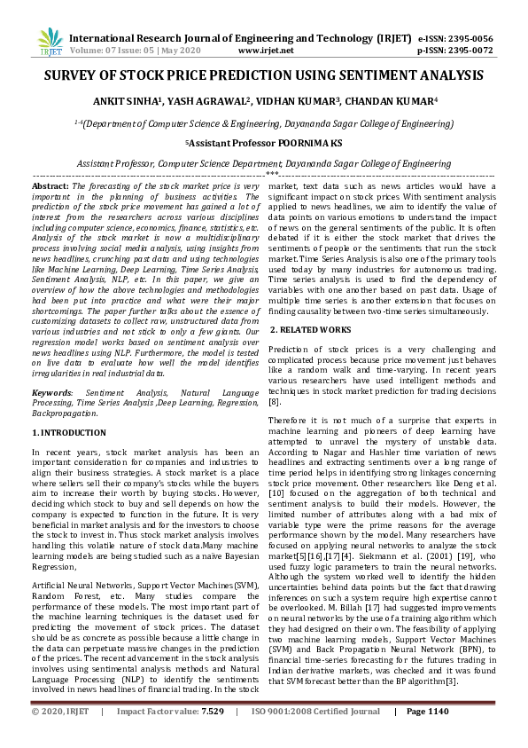 Pdf Irjet Survey Of Stock Price Prediction Using Sentiment Analysis