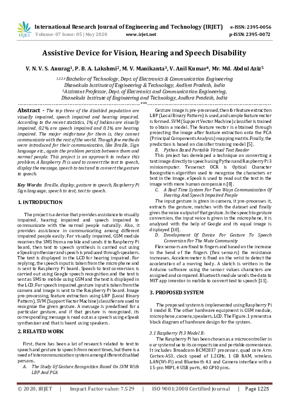 (PDF) Assistive Device for Vision, Hearing and Speech Disability