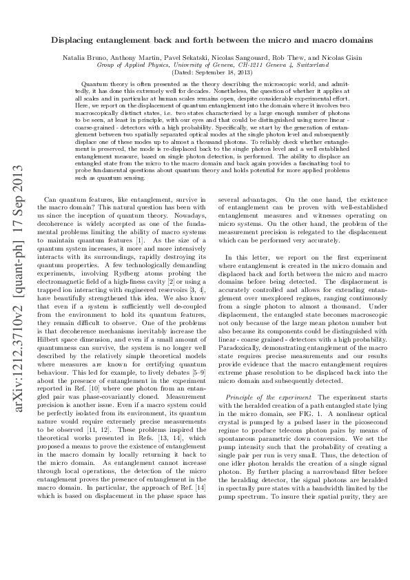(PDF) Displacement of entanglement back and forth between the micro and ...