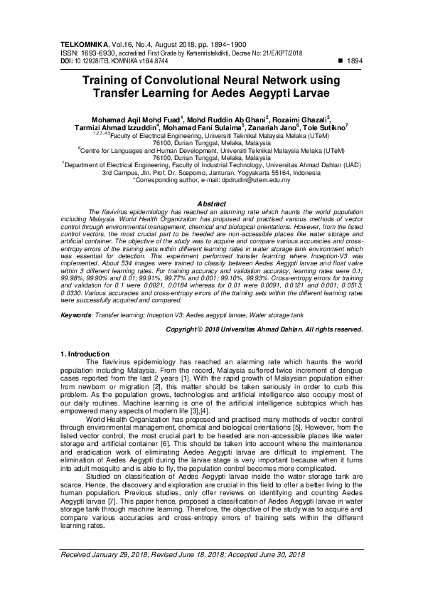 (PDF) Training of Convolutional Neural Network using Transfer Learning for Aedes Aegypti Larvae