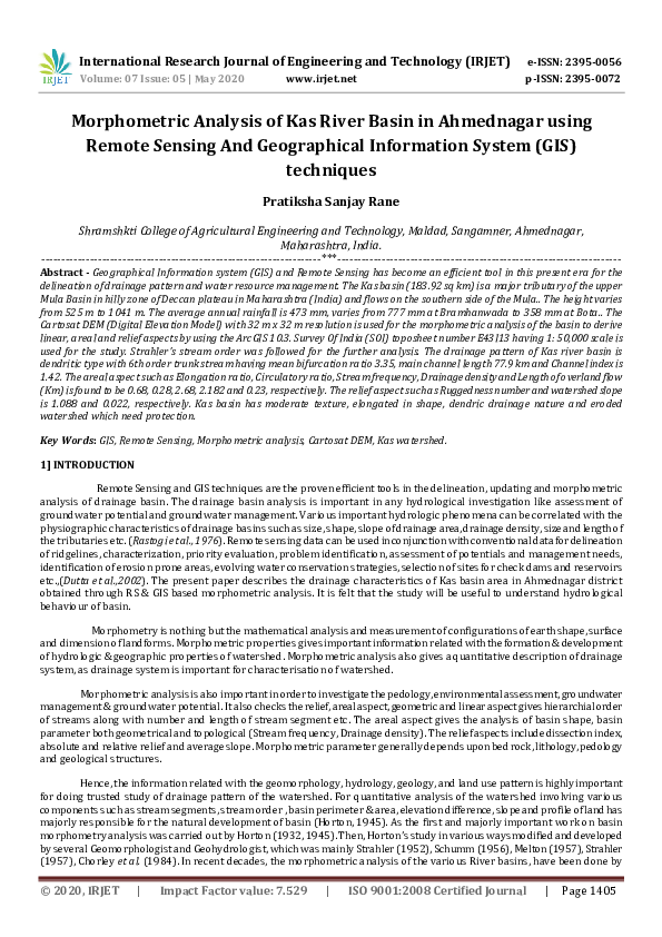 Pdf Irjet Morphometric Analysis Of Kas River Basin In Ahmednagar