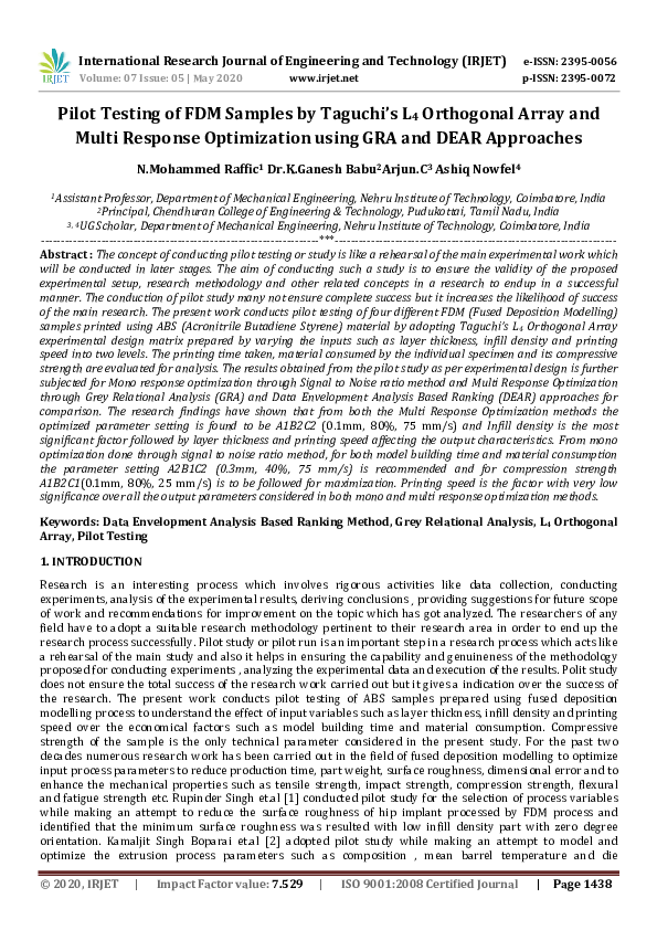 (PDF) IRJET- Pilot Testing of FDM Samples by Taguchi's L4 Orthogonal ...