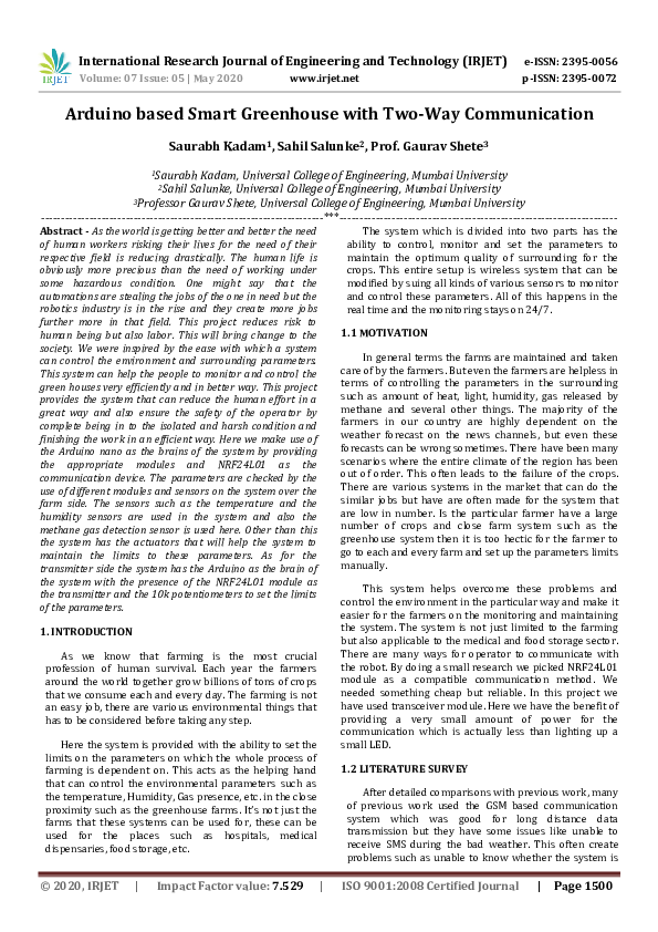 (PDF) IRJET- Arduino based Smart Greenhouse with Two-Way Communication